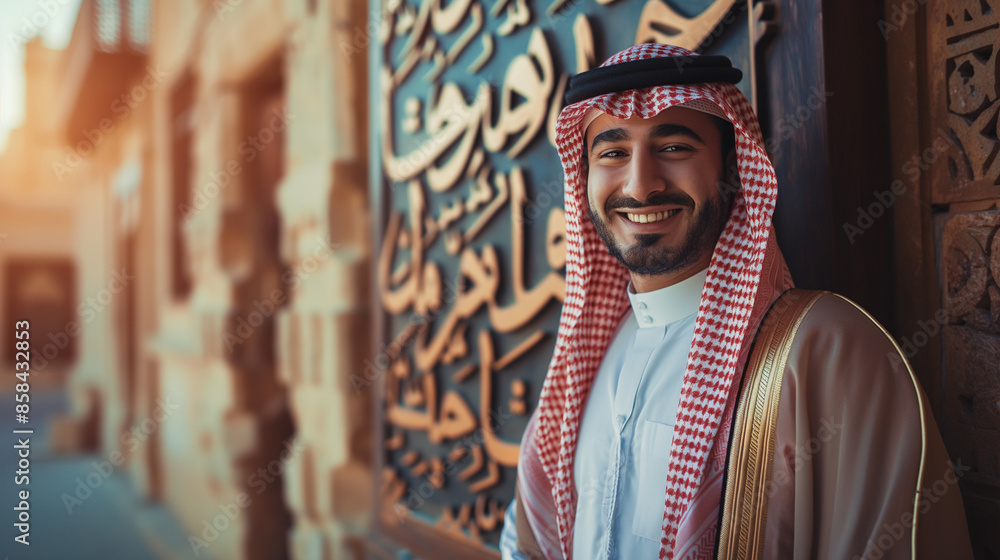 Dressed in traditional Arabic outfit, a standing and dynamic Arabic ...