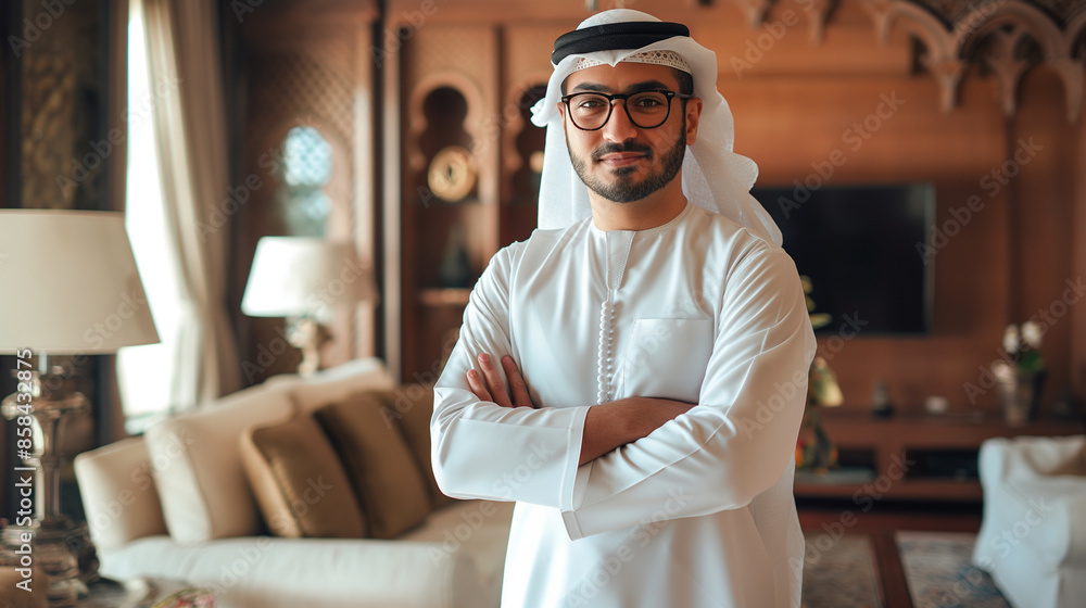 Dressed in traditional Arabic outfit, a standing and dynamic Arabic ...