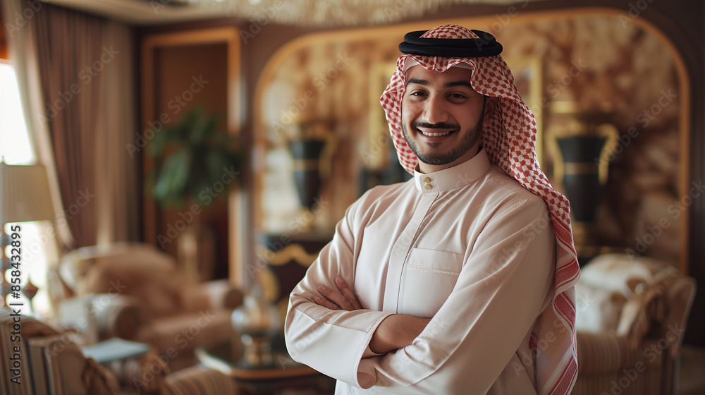 Dressed in traditional Arabic outfit, a standing and dynamic Arabic ...