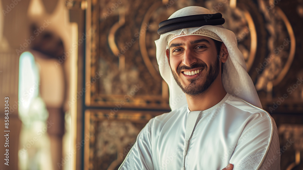 Dressed in traditional Arabic outfit, a standing and dynamic Arabic ...