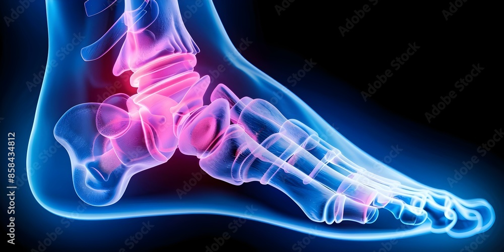 Human Ankle X-ray Highlighting Bones and Potential Injuries. Concept Ankle Anatomy, Bone Health ...