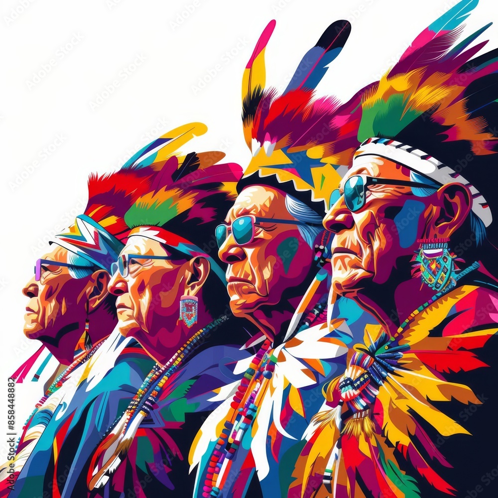 Vivid pop art depiction of Indigenous leaders in traditional attire ...