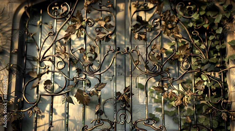 decorative wrought iron gate with a complex pattern of leaves and vines ...