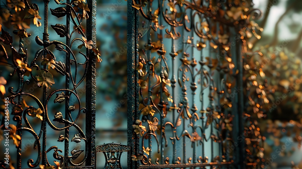 decorative wrought iron gate with a complex pattern of leaves and vines ...