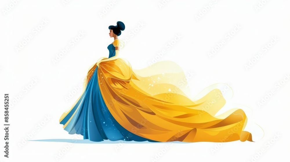 Sleek flat illustration of Cinderella in her magical gown, highlighted ...
