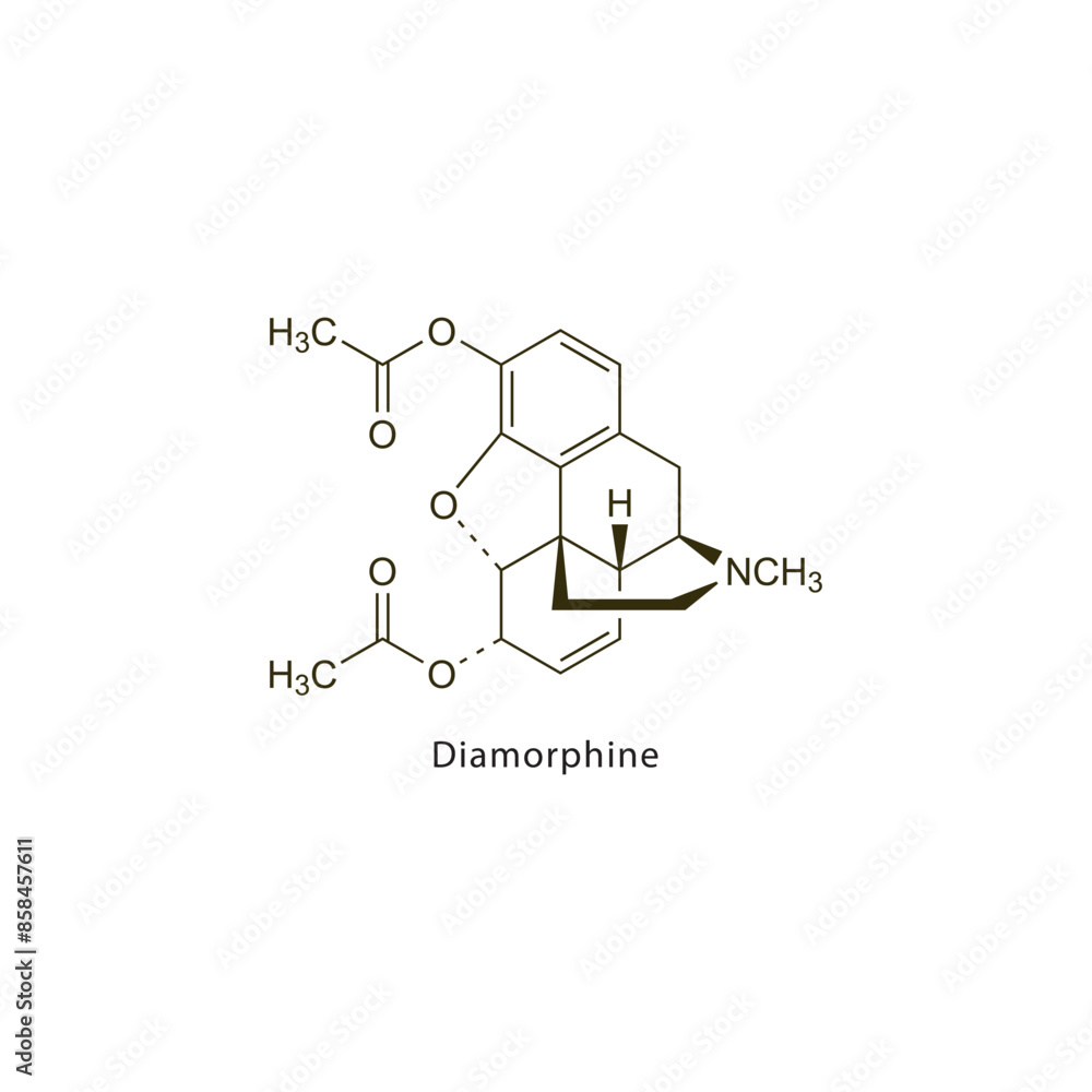 Diamorphine flat skeletal molecular structure Opioid analgesic drug used in Pain treatment ...