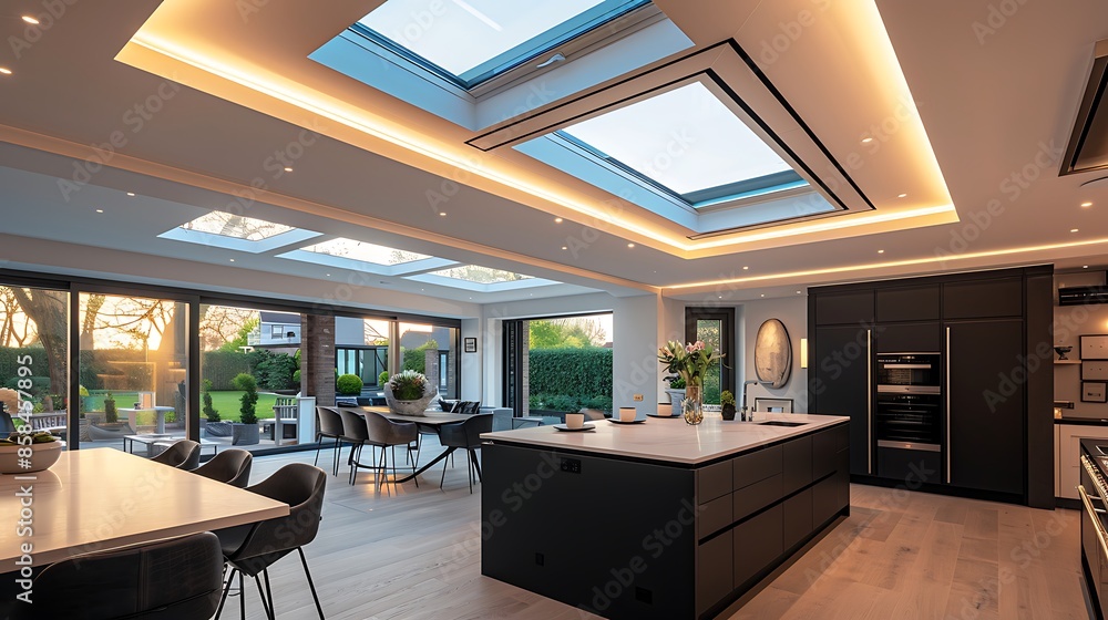large open-plan kitchen with skylights that have integrated LED panels ...