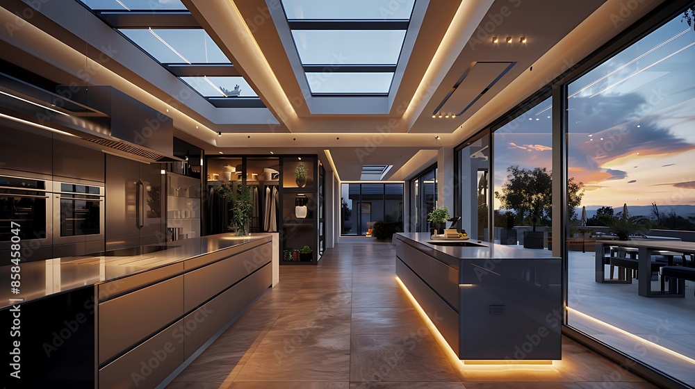large open-plan kitchen with skylights that have integrated LED panels ...