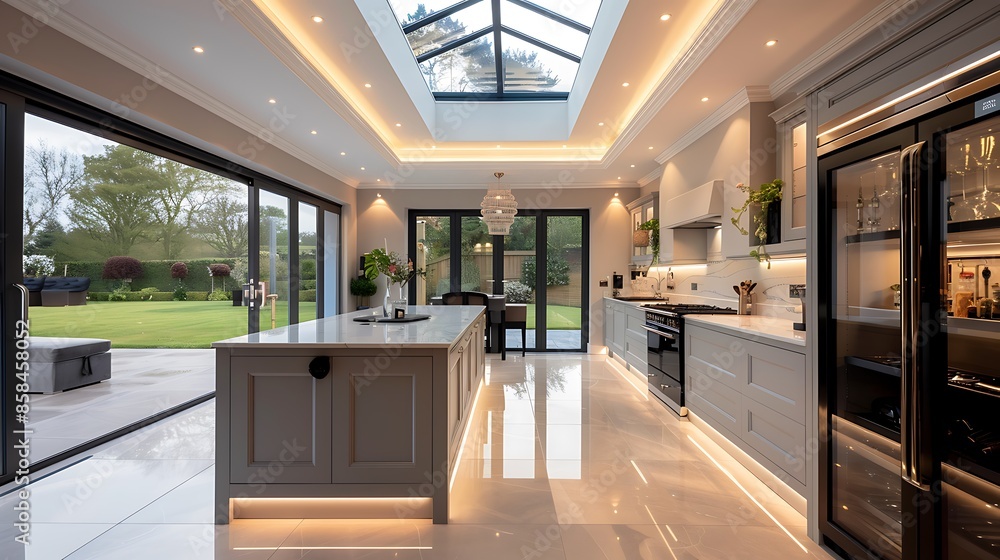 large open-plan kitchen with skylights that have integrated LED panels ...