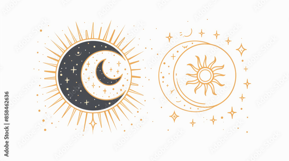 Sun and moon symbols on a white background. Day and night line icons ...