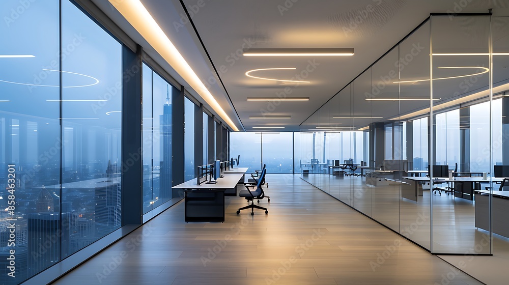 minimalist office space with floor-to-ceiling windows and a smart ...