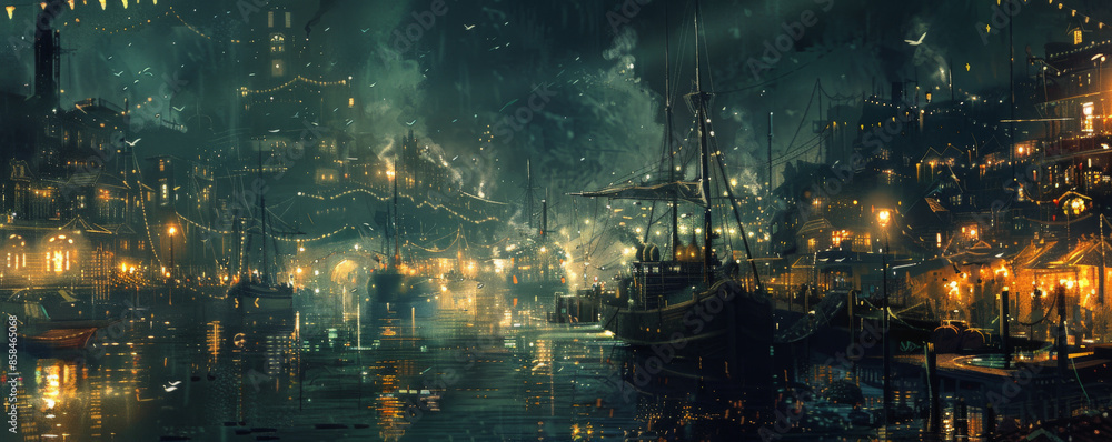 A bustling harbor at night background with glowing lights, busy docks ...