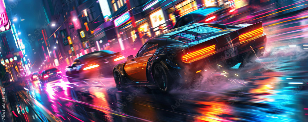 A dynamic street racing background with sleek cars, neon lights, and ...