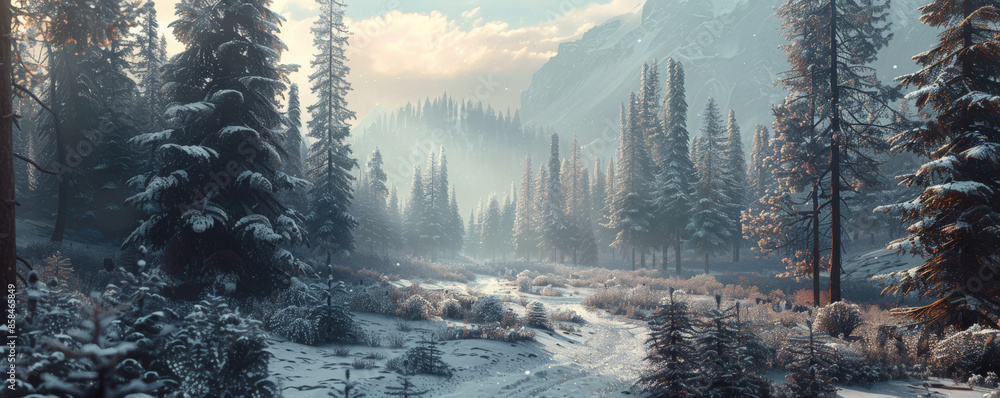 A serene alpine forest background with towering pine trees, crisp ...