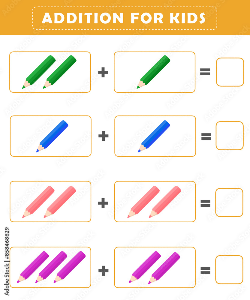 Preschool addition worksheet with cute colored pencil illustration ...