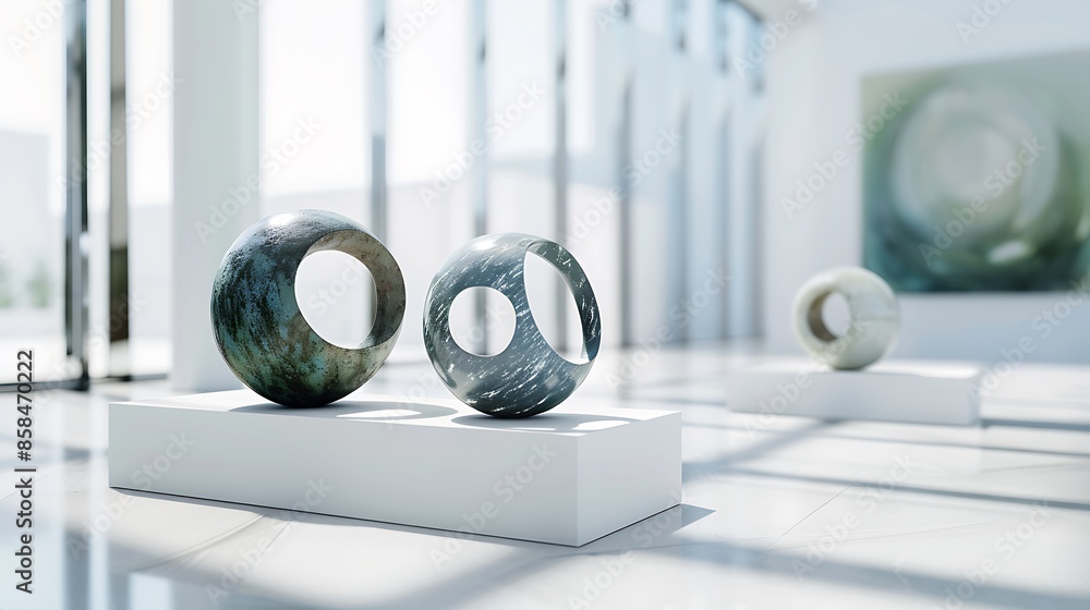 set of three minimalist sculptures, each an abstract representation of a different natural ...