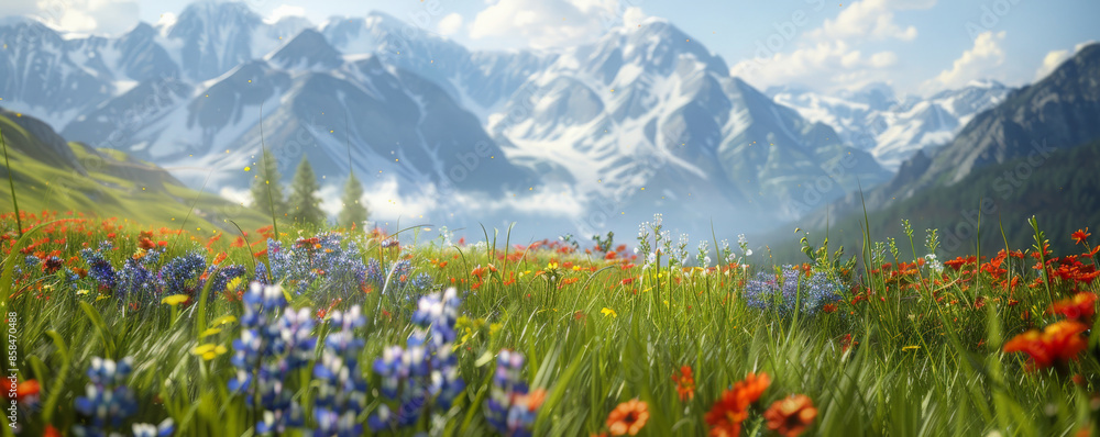 A tranquil alpine meadow background with blooming wildflowers, gentle ...