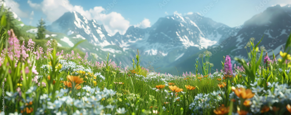 A tranquil alpine meadow background with blooming wildflowers, gentle ...