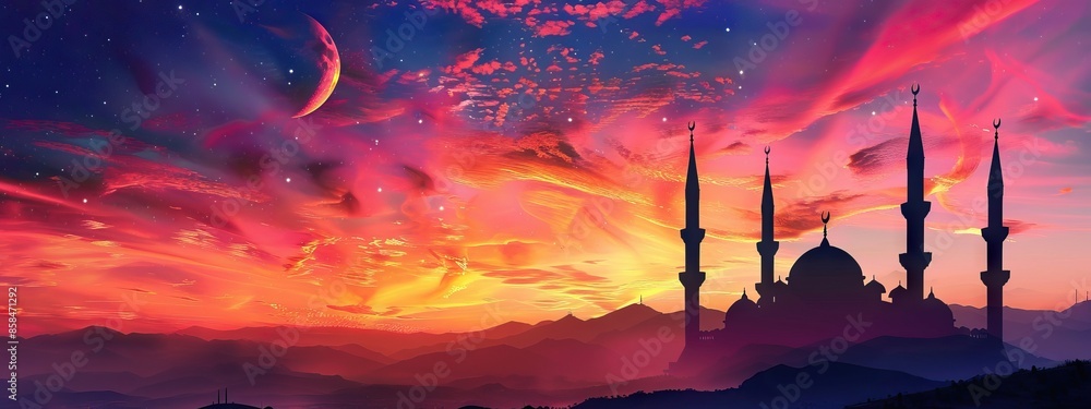 Islamic Background,Dome Mosques,Crescent Moon,Starry on Dark Blue Sky ...