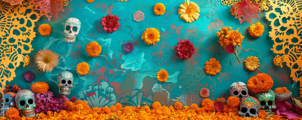 A vibrant Dia de los Muertos celebration background with colorful papel ...