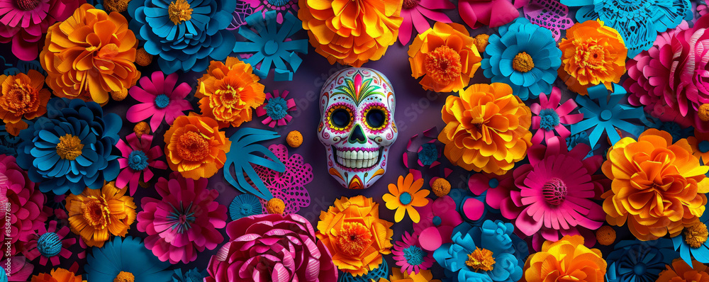 A vibrant Dia de los Muertos celebration background with colorful papel ...