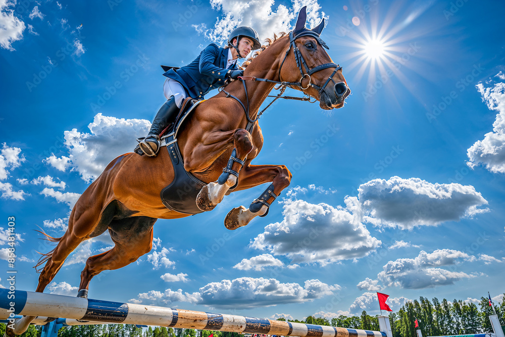 Brown horse jumping over fence rail obstacles, equestrian show jumping ...