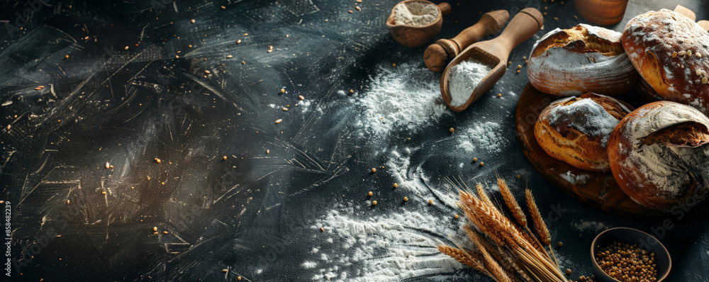Bread bakery background with a dark, moody table surface, highlighting ...