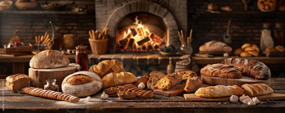 Bread bakery background with a rich, warm color palette, showcasing a ...