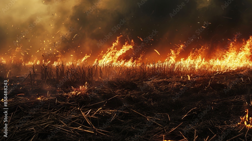 Drought caused dry grass to catch fire in a farm field. The fire ...