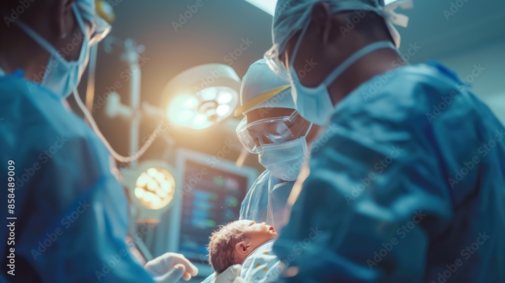 Foto de A newborn baby is born by c-section in an operating room ...
