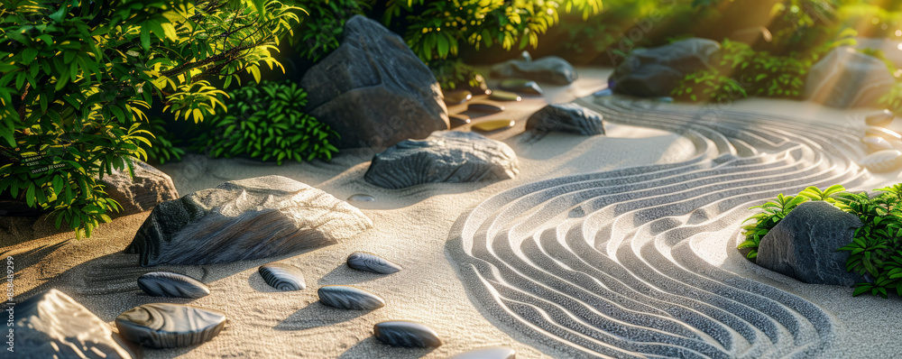 Peaceful zen garden background with smooth stones, raked sand patterns ...