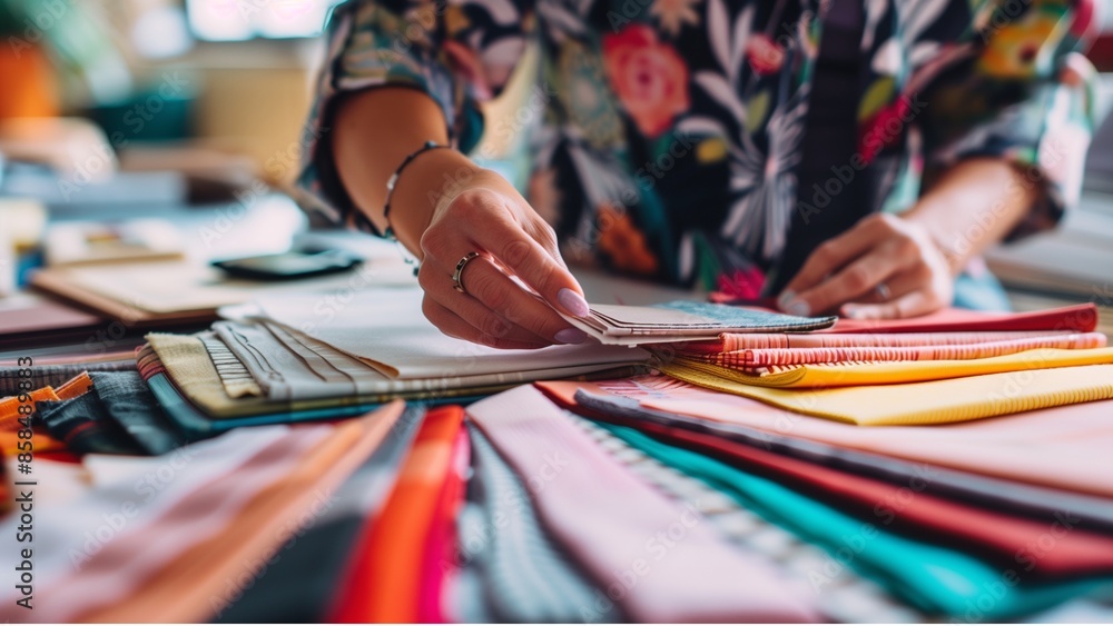 An interior designer ,meticulously exchanging color samples and fabric ...