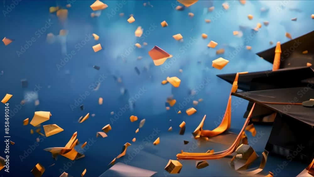 Graduation caps and confetti against a blue digital background. Concept ...