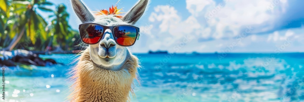 Funny llama wearing sunglasses,surrounded by a tropical beach setting ...