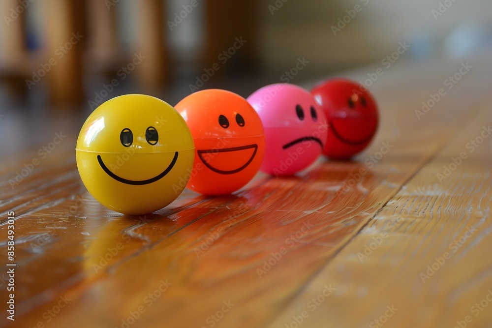 Five smiley faces ball smiling crying angry expression blur background ...
