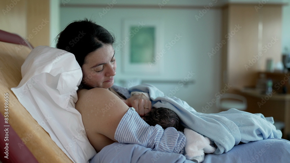 New mother bonding moment with her newborn baby at hospital after ...