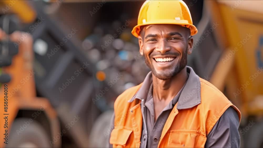 Smiling recycling worker by garbage truck ready to transport waste ...