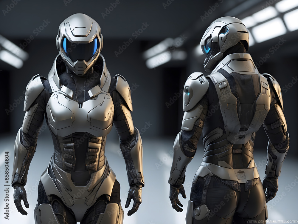 A humanoid made of sci-fi metal panels wearing techwear clothing, front ...