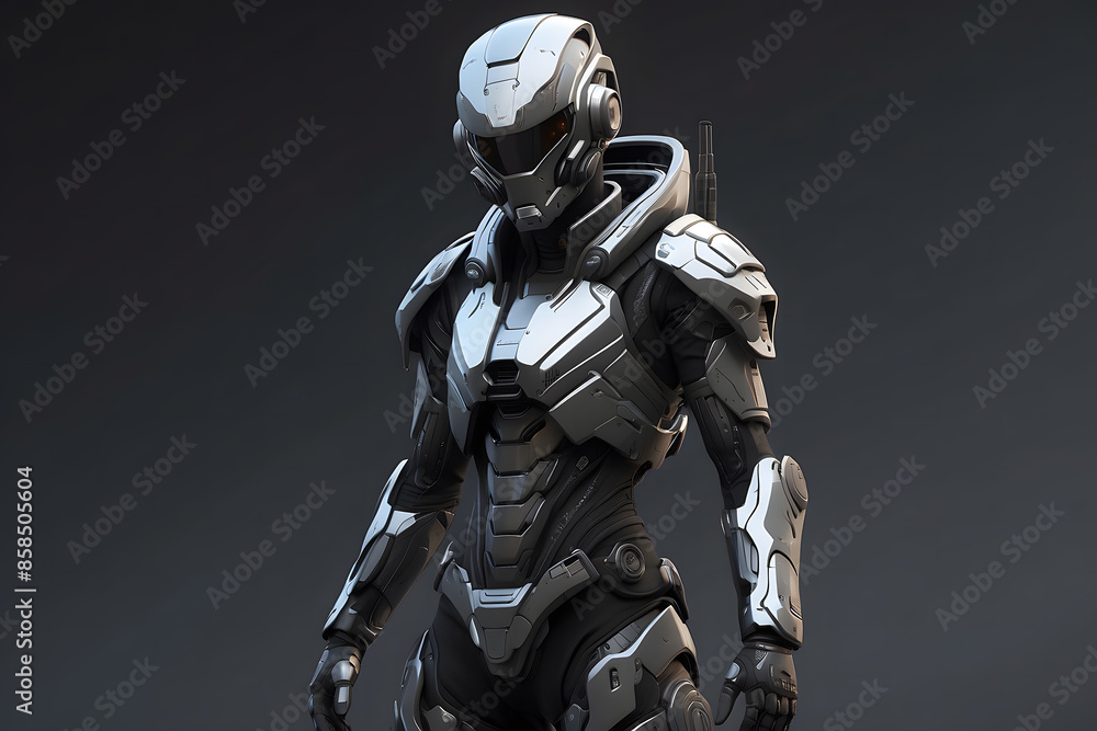 A humanoid made of sci-fi metal panels wearing techwear clothing, front ...