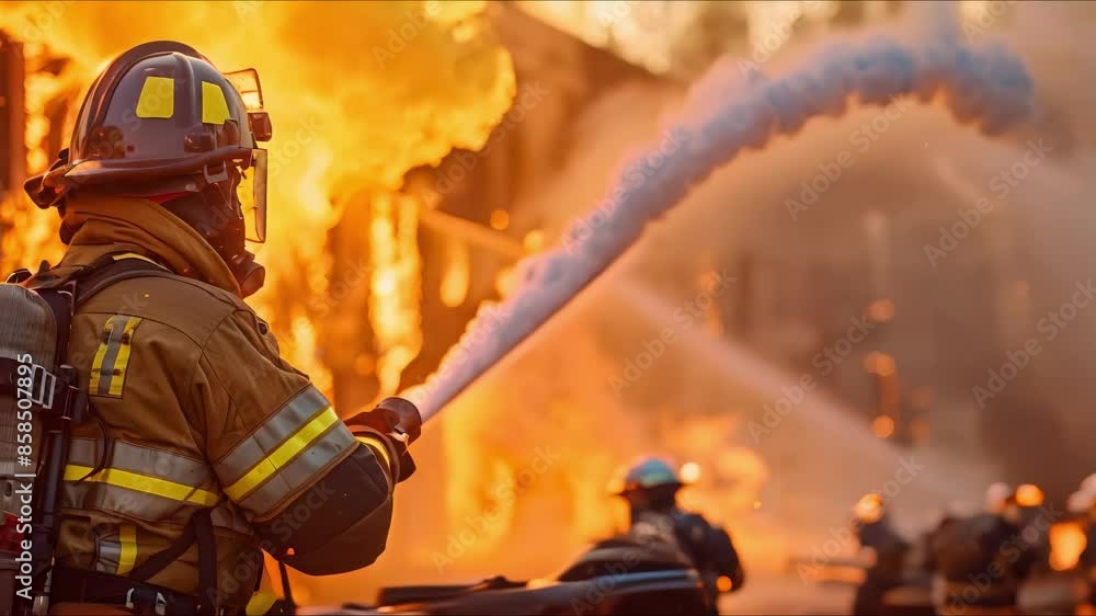 Firefighter rescues people from a burning building extinguishing the ...