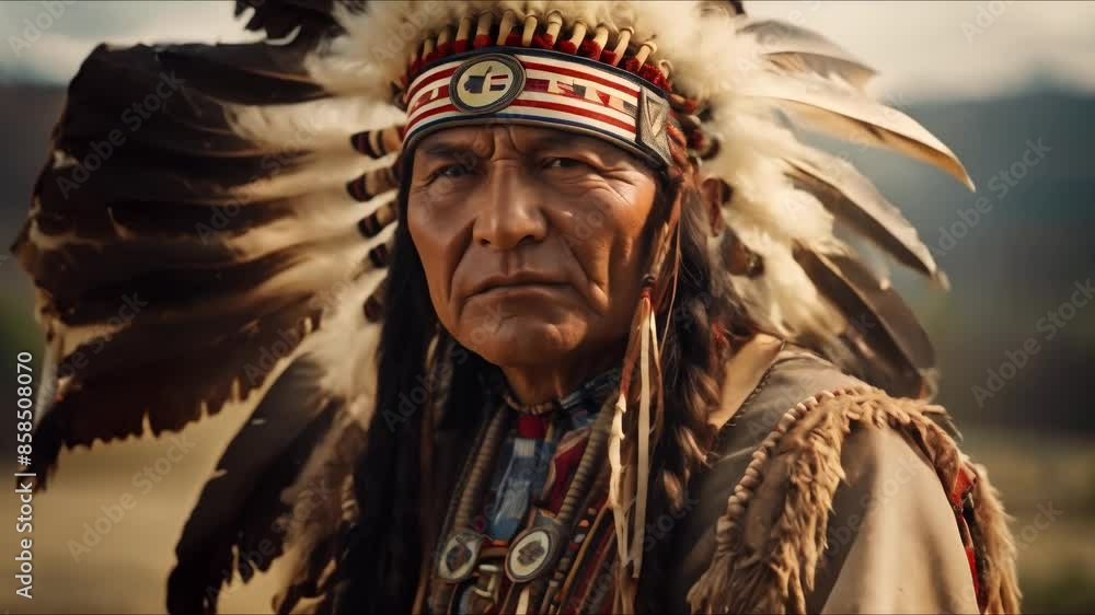 Stockvideon Chief in Blackfoot regalia adorned with feathers ...