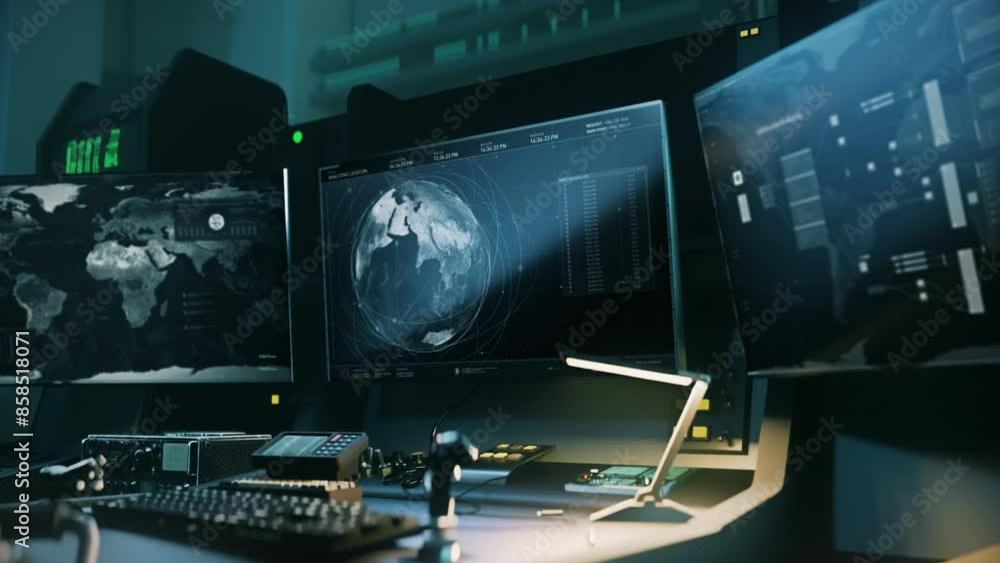 Satellite position tracking radar examining the 3D world map. Tracking ...