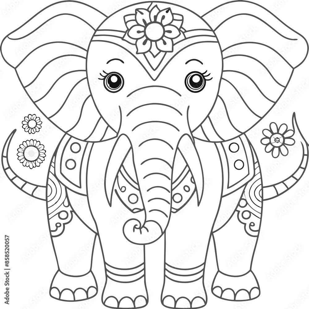 Cute Elephant Coloring Page for Kids and Adults to Enjoy Stock ...
