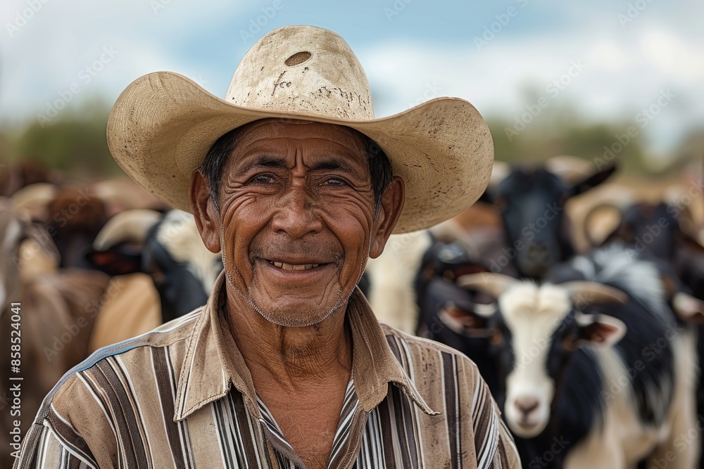 Aguascalientes Mexico rancher posing for the camera smiling. Behind ...