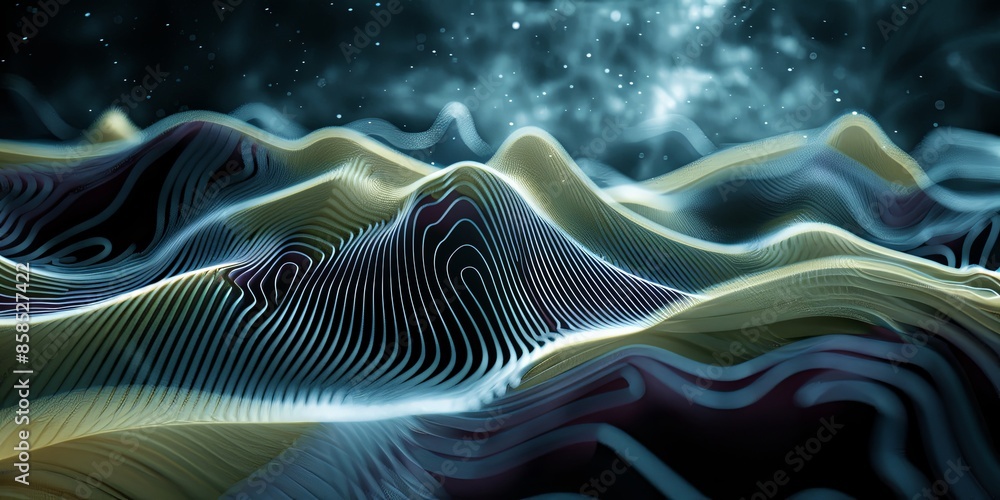 Abstract Image Featuring Dynamic Wavy Lines And Light Gradients In Blue And Yellow Creating A