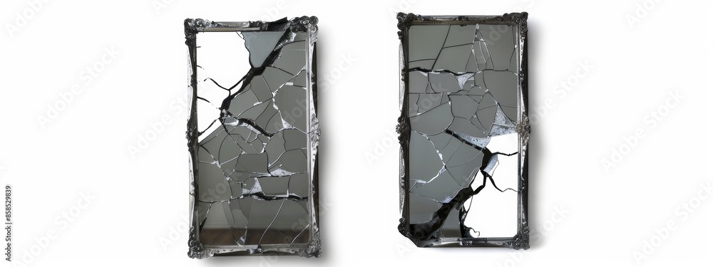 Broken vintage mirror with a black frame on a white background for ...