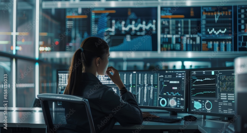 Virtual IT Infrastructure: Smart Female IT Programer Working on Desktop ...