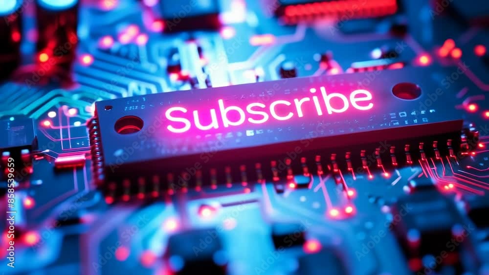 Illuminated Subscribe Button on Vibrant Circuit Board, Digital ...