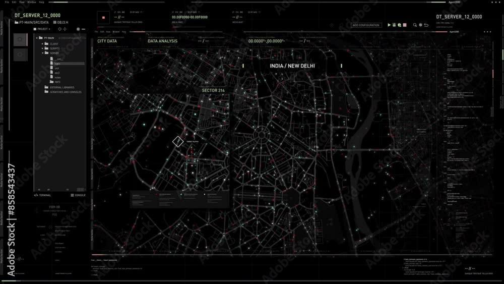 High tech surveillance detection system analysing the night city map. High tech surveillance ...