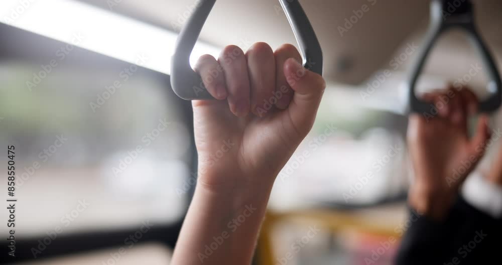 Hands, handle and people in bus for travel, journey or morning city ...